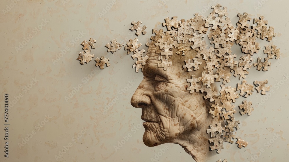 Human head made of disintegrating puzzle pieces, symbolizing the ...
