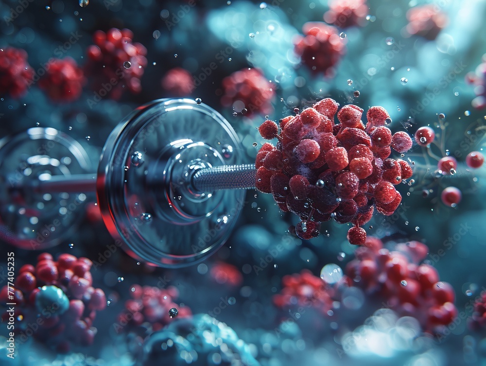 An erythrocyte character shown as an athlete, lifting a heavy oxygen ...