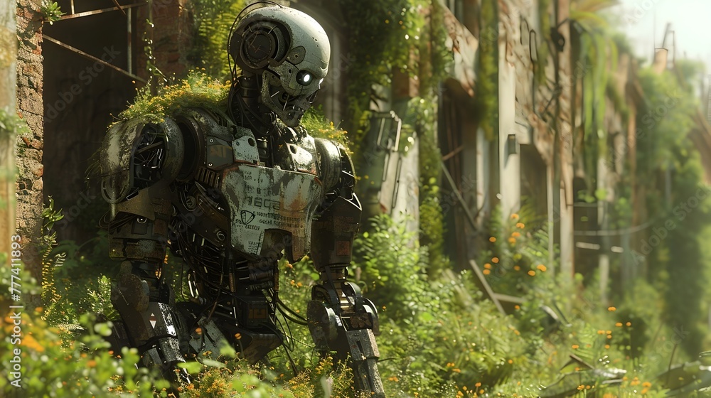Futuristic Robot in Post-Apocalyptic Ruins, To convey a sense of ...