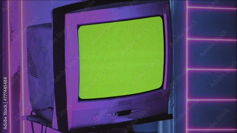Retro TV Green Screen Neon Lights Old VHS Texture Tilt Up. Old school ...