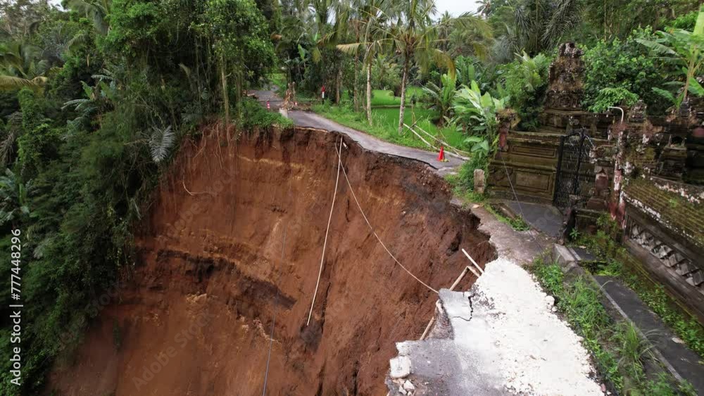 A unique aerial perspective of results of dangerous landslide. Road ...