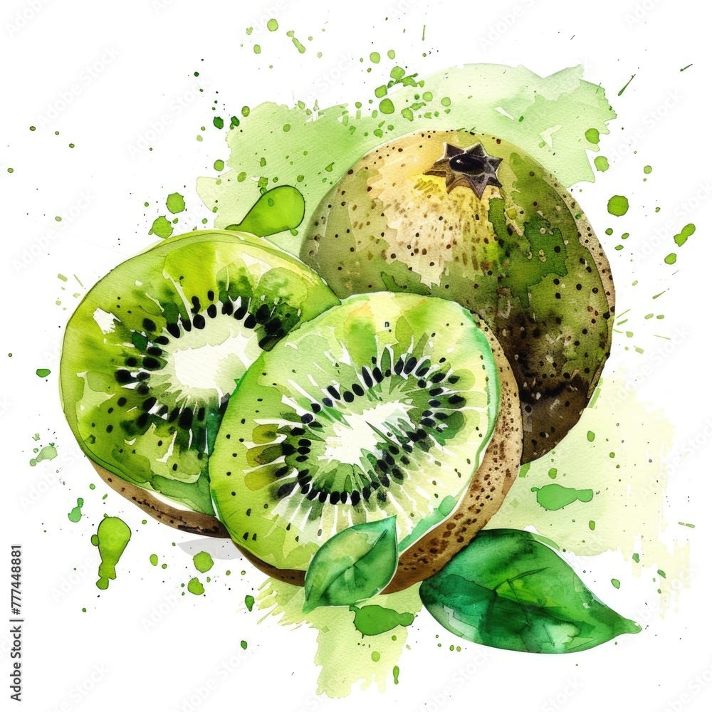 Vivid watercolor artwork of kiwi fruits and slices Stock Illustration ...