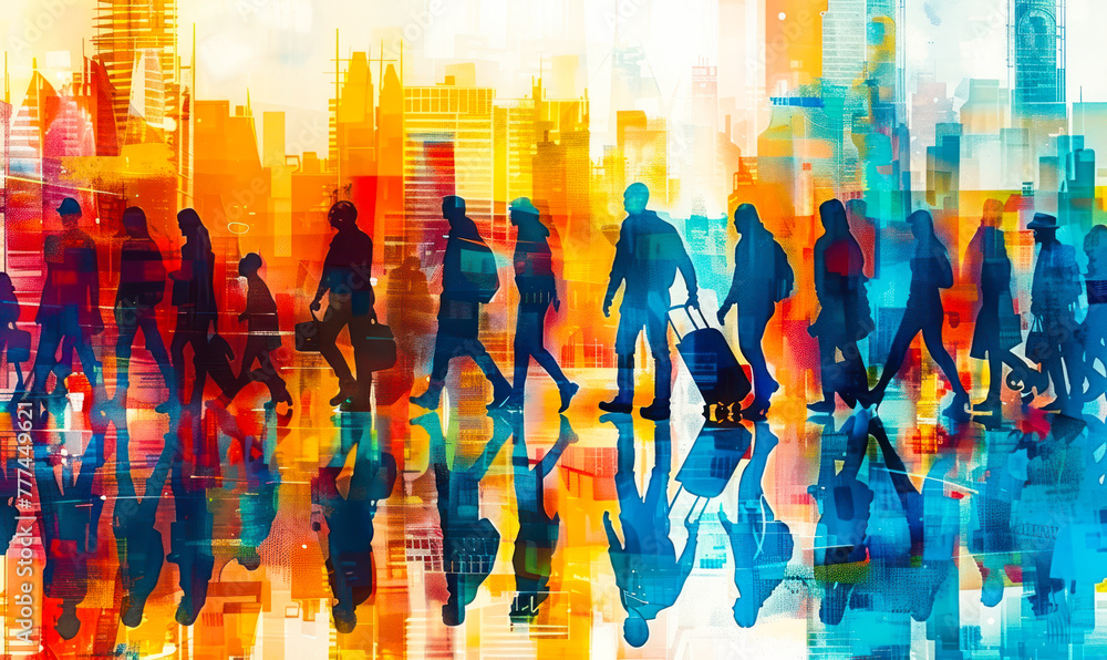 Silhouetted diverse people navigating a colorful, abstract cityscape ...