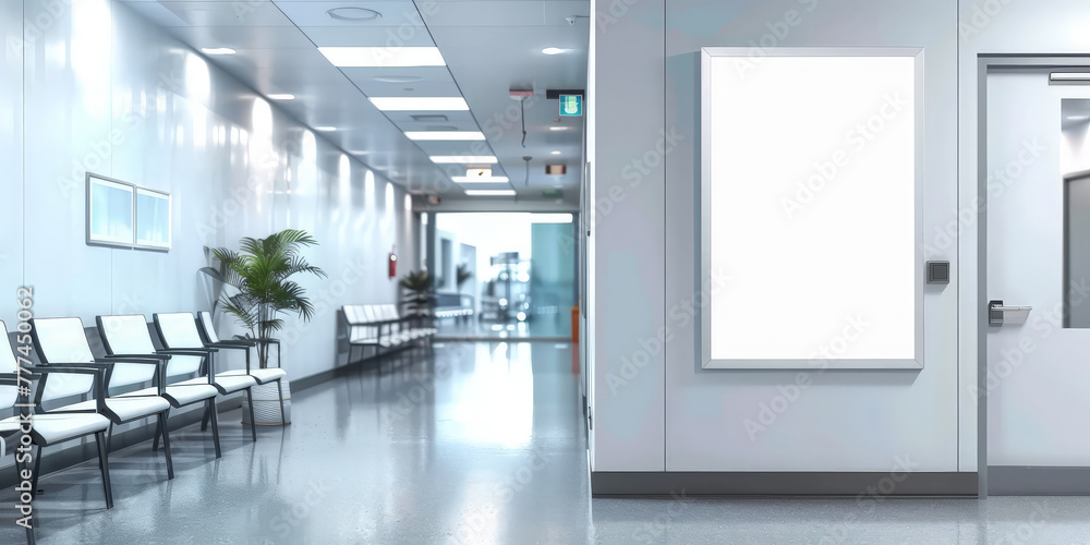 A mockup of an empty white poster on the wall in modern hospital ...