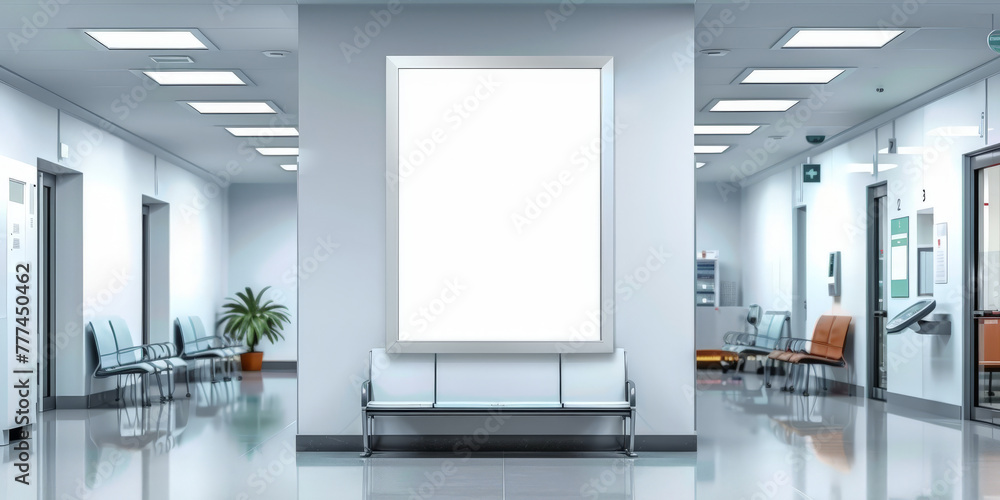 A mockup of an empty white poster on the wall in modern hospital ...