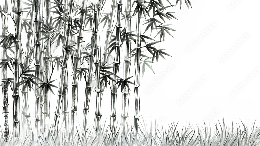 Bamboo forest, line drawing, black and white sketch, white background ...