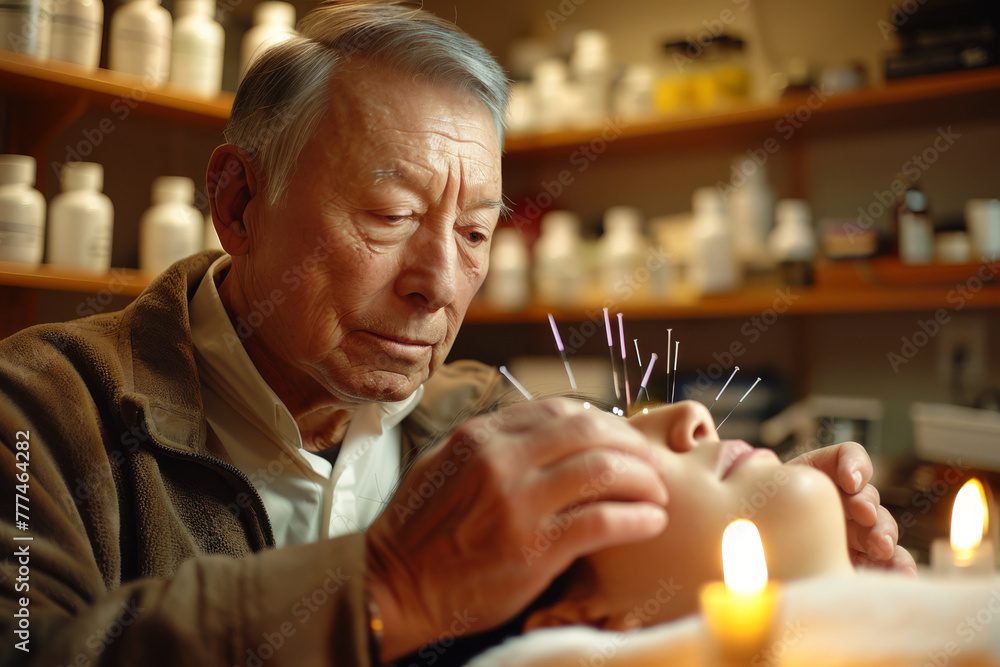 Elderly male acupuncturist performing acupuncture therapy on his client ...