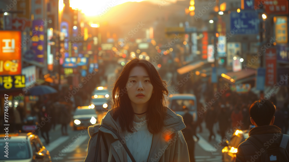 Amidst the hustle and bustle of a vibrant city street, an adult Korean ...
