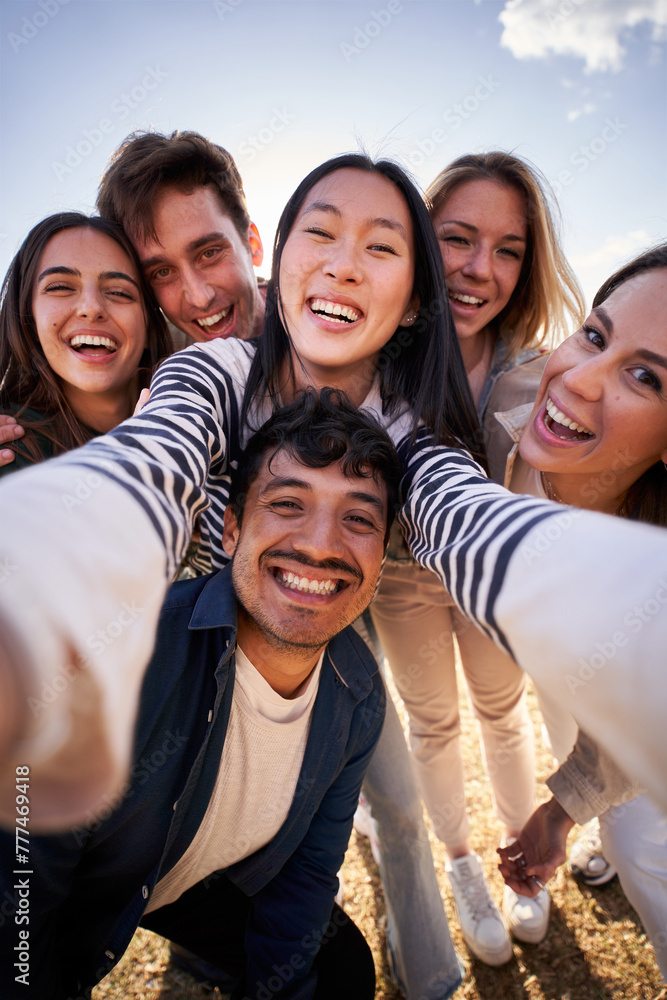 Group of diverse happy young friend taking vertical selfie together looking smiling at camera ...