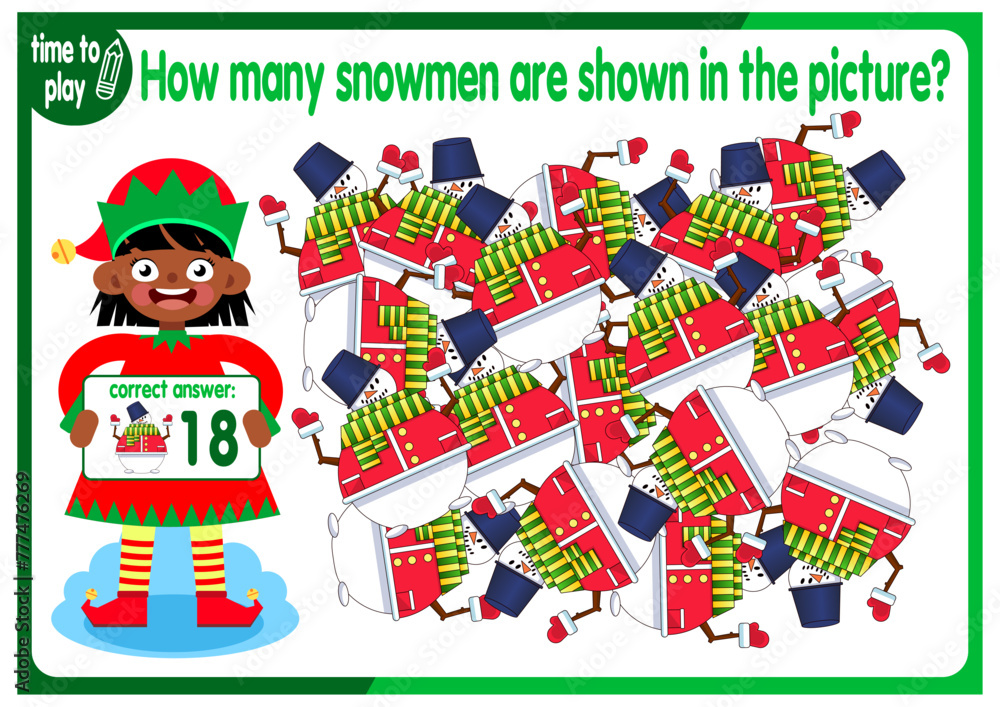 Count how many snowmen are hidden in the picture. How many objects are ...