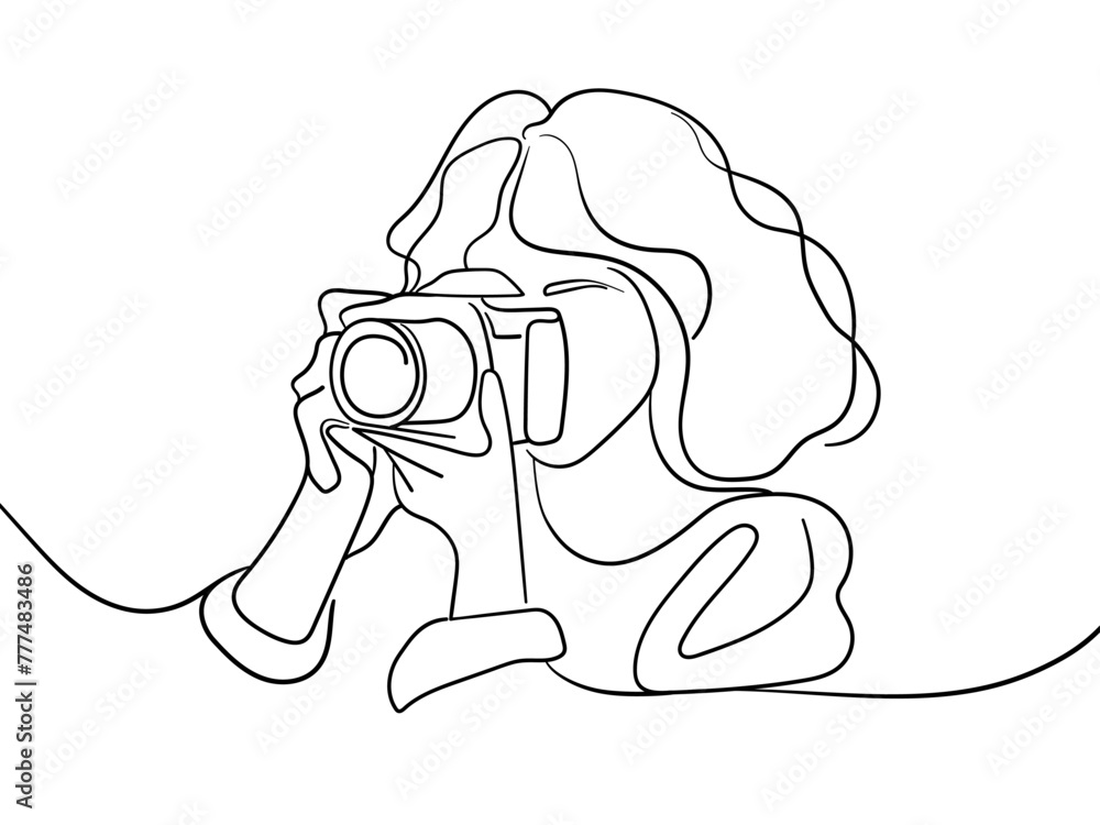 Girl photographer continuous line art drawing isolated on white ...