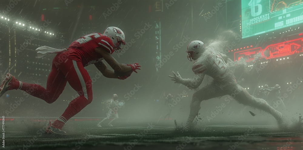 Football players in red and white, dynamic motion under rainfall ...