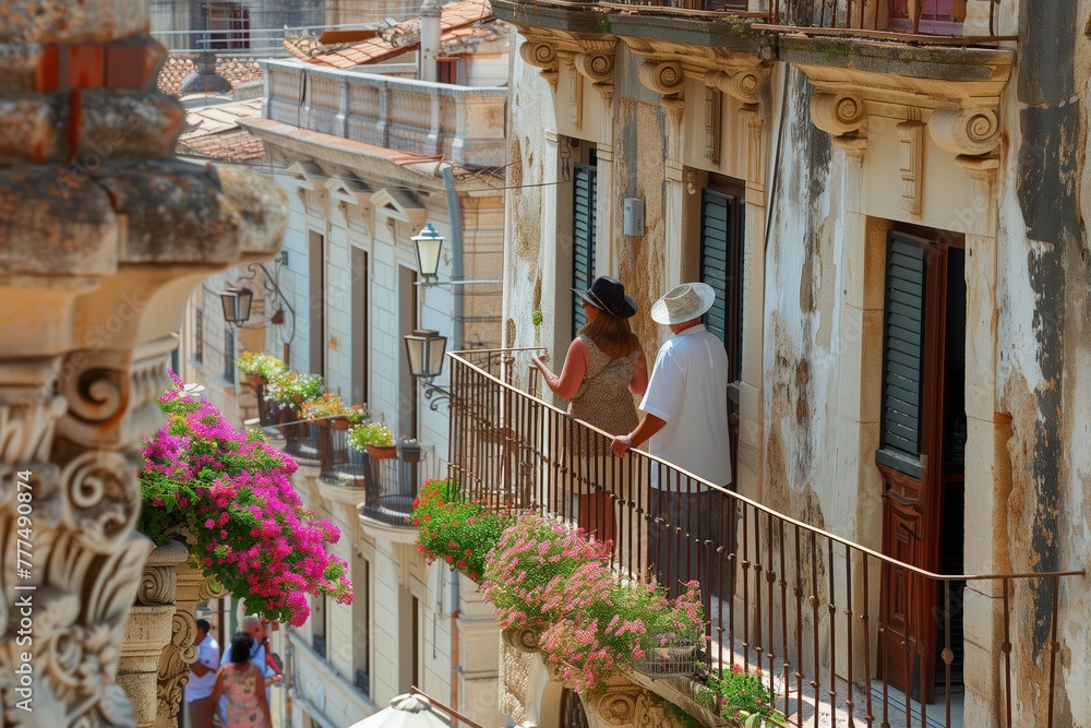 Back view of couple peering out from balcony, ornate architecture ...
