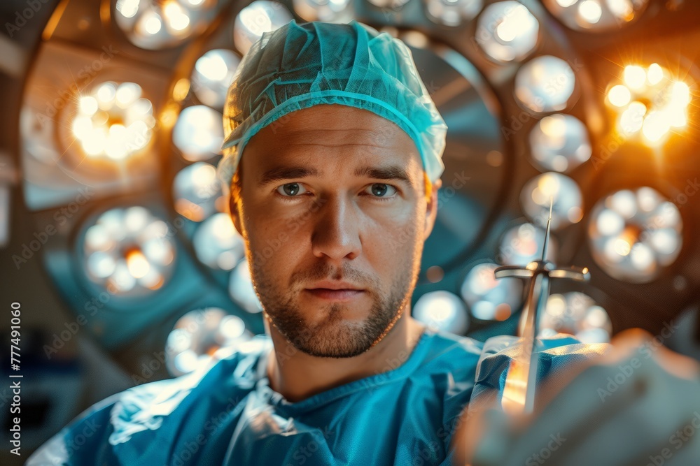 intense male surgeon examines a needle, the seriousness of the ...
