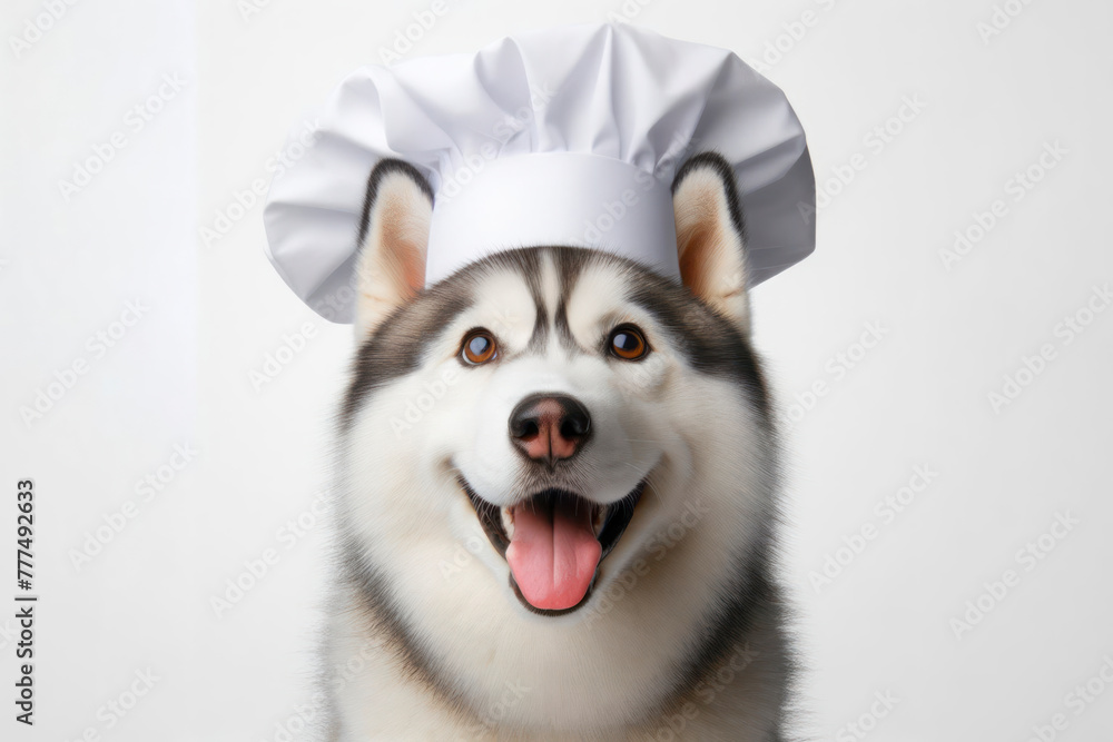 Cute Siberian Husky smiling wearing a white chef's hat isolated on a ...