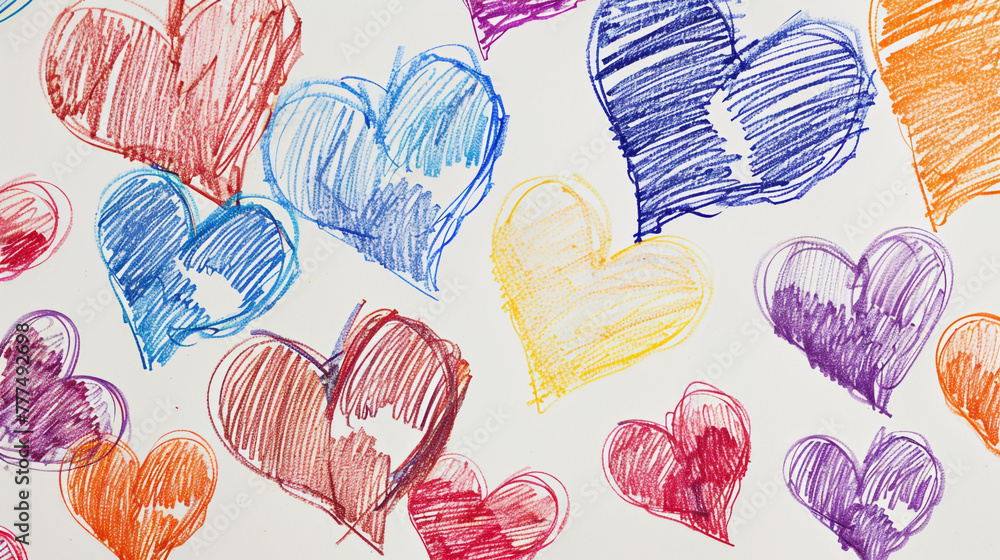 A color pencil drawing of many hearts in various colors and sizes. The ...