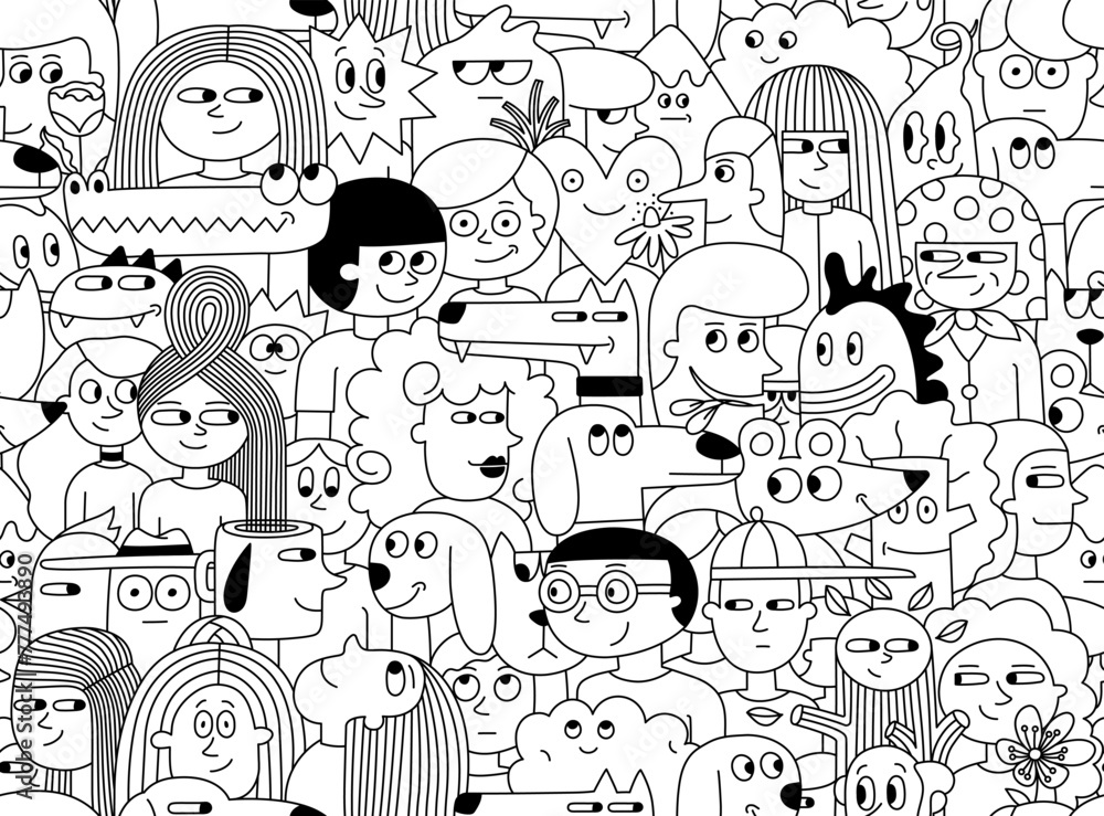 Crowd pattern. People faces seamless texture. Line diverse man woman ...