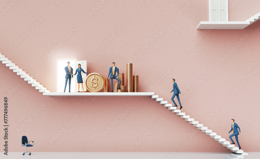 Successful banker. Business people stay next to coin stacks. Business ...