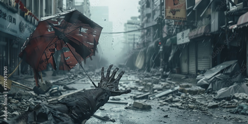 Zombie's hand holding a tattered umbrella in a deserted, storm-wrecked ...
