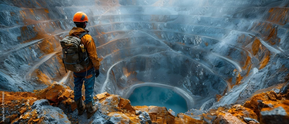 Skilled copper miner surveying in large openpit mine. Concept Mining ...
