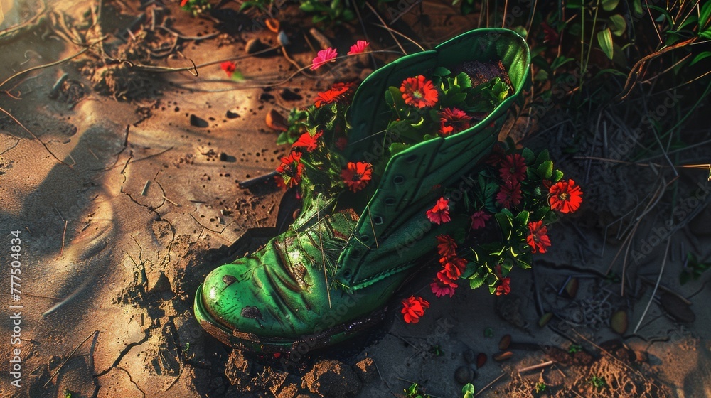 Juneteenth symbolism with green shoe and sprouting red flowers on ...