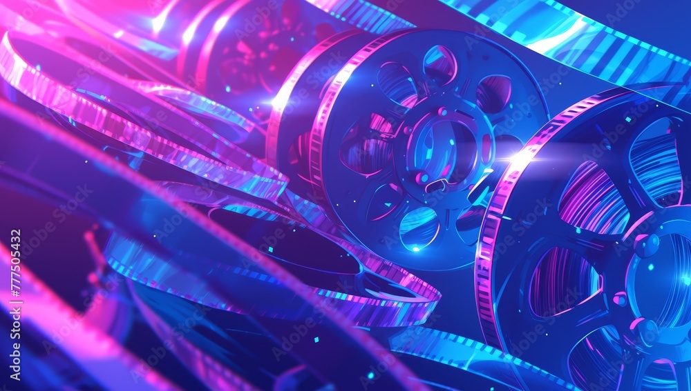 A cinematic background featuring film reel spools with blurred lights ...
