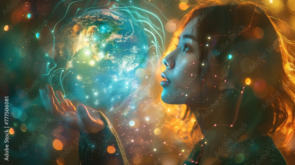Surreal portrait of a woman with Earth in her hands, symbolizing ...