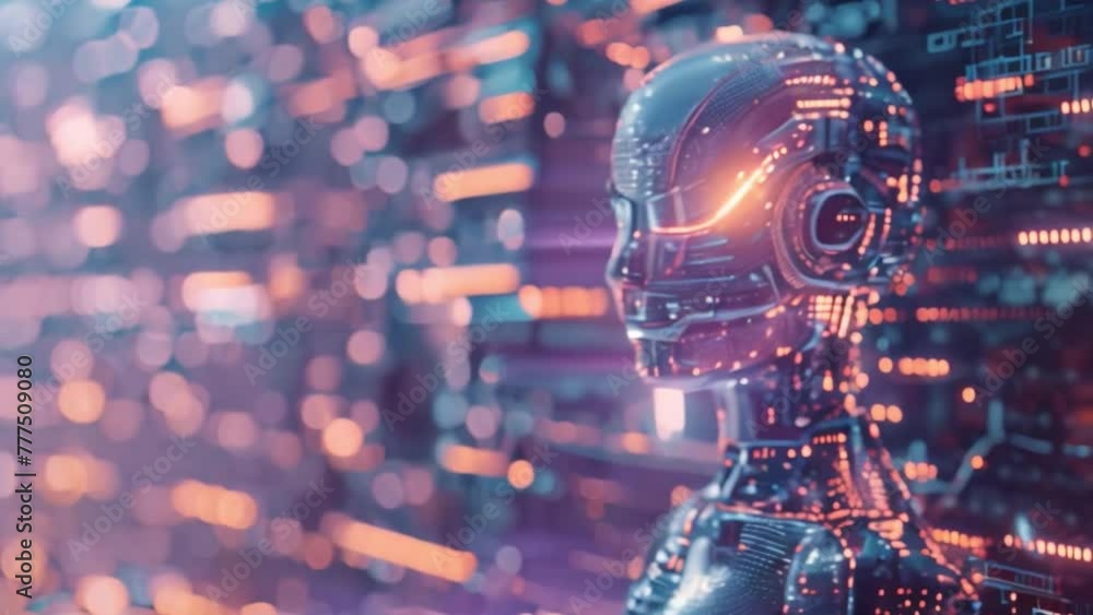 An android robot in a futuristic science lab is illustrated in front of ...