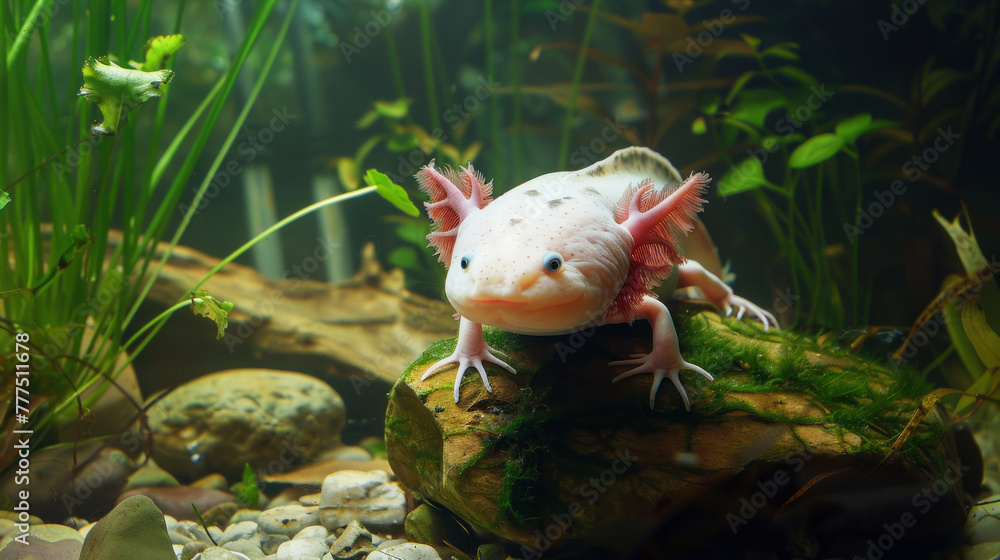 Axolotl Peering Out from Aquatic Plants in a Freshwater Habitat Stock ...
