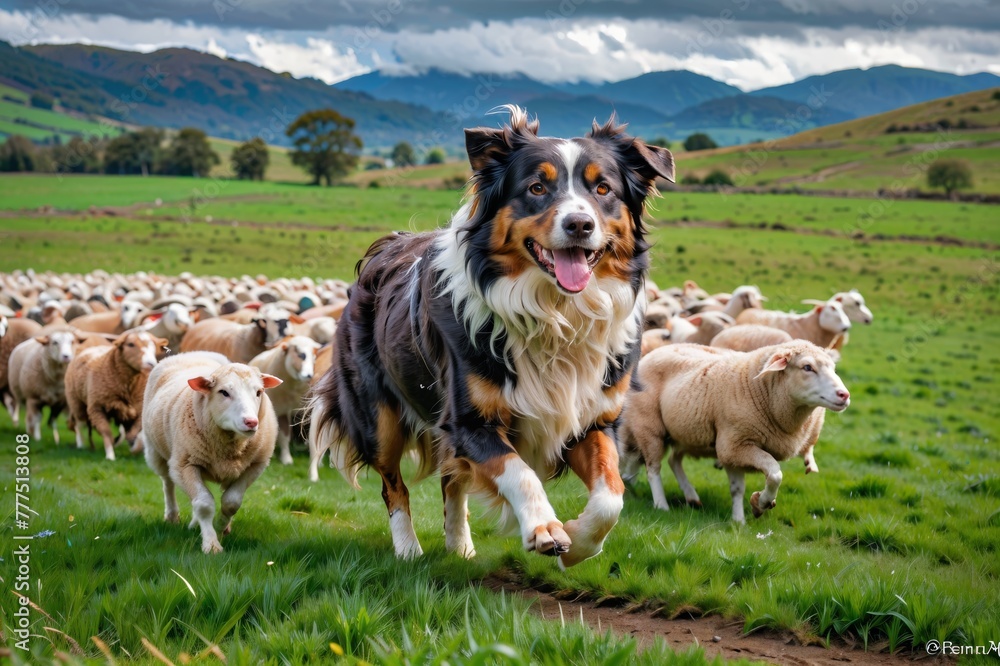 An Australian Shepherd herding sheep in a green field, action shot ...