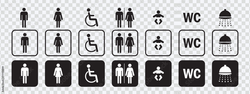 "Variety of WC icons including male, female, mother with baby, and ...