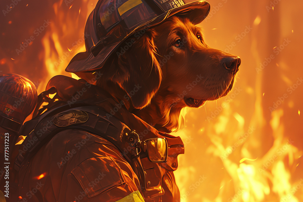 A dog is wearing a firefighter's hat and uniform. The dog is looking at ...