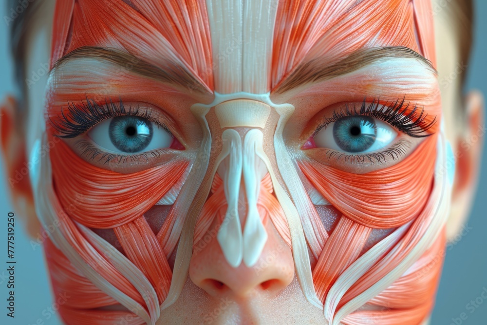 High-resolution 3D visualization of female facial muscles, designed for ...