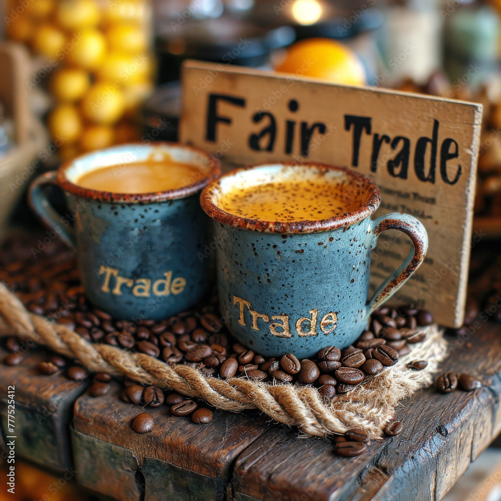 mugs with coffee and fresh coffee beans, on a warm background with ...