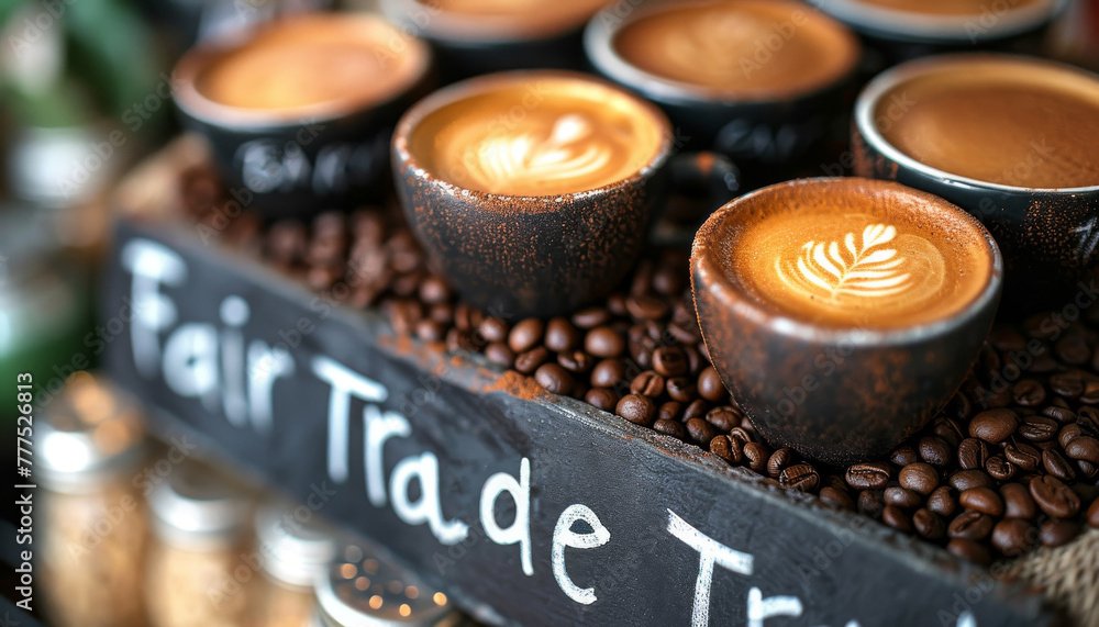 mugs with coffee and fresh coffee beans, on a warm background with ...