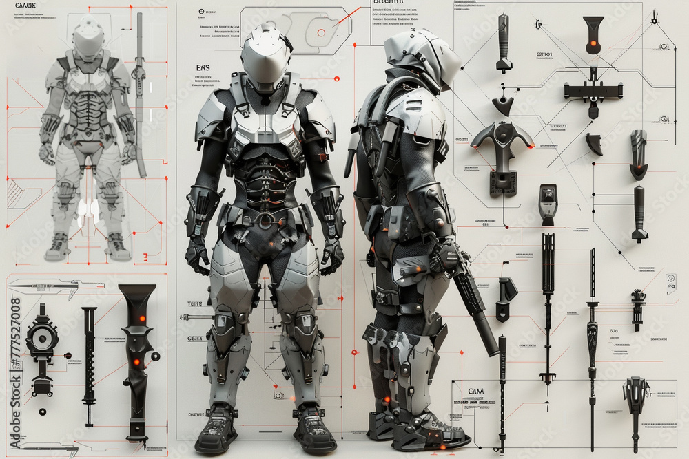 Character sheet concept image showcasing a futuristic warrior with ...