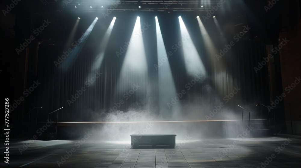 Theater stage with spotlight beams cutting through haze, dramatic ...