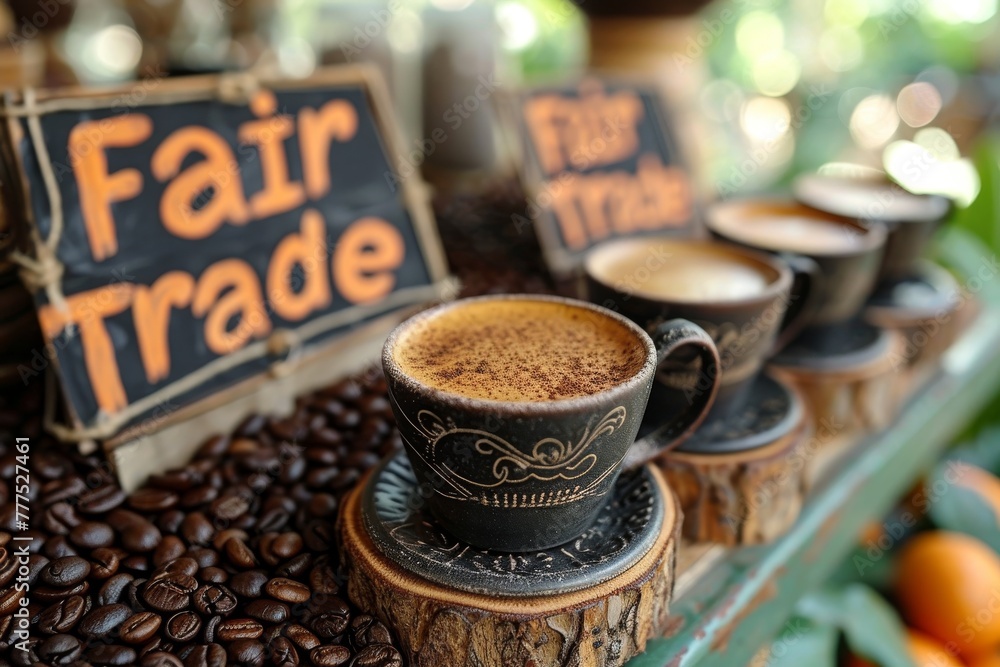 mugs with coffee and fresh coffee beans, on a warm background with ...