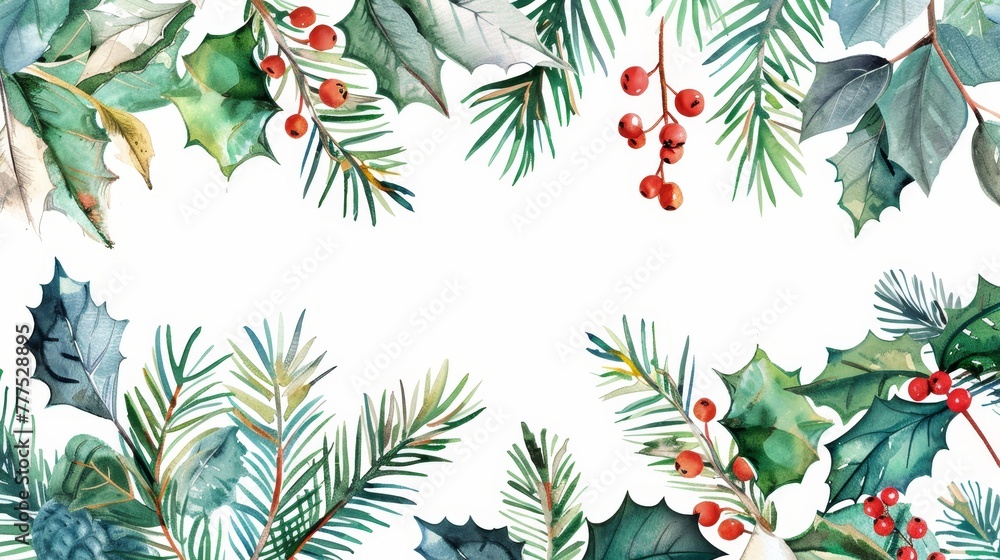 Watercolor holiday botanical leaf branch background. Leafing pine trees ...