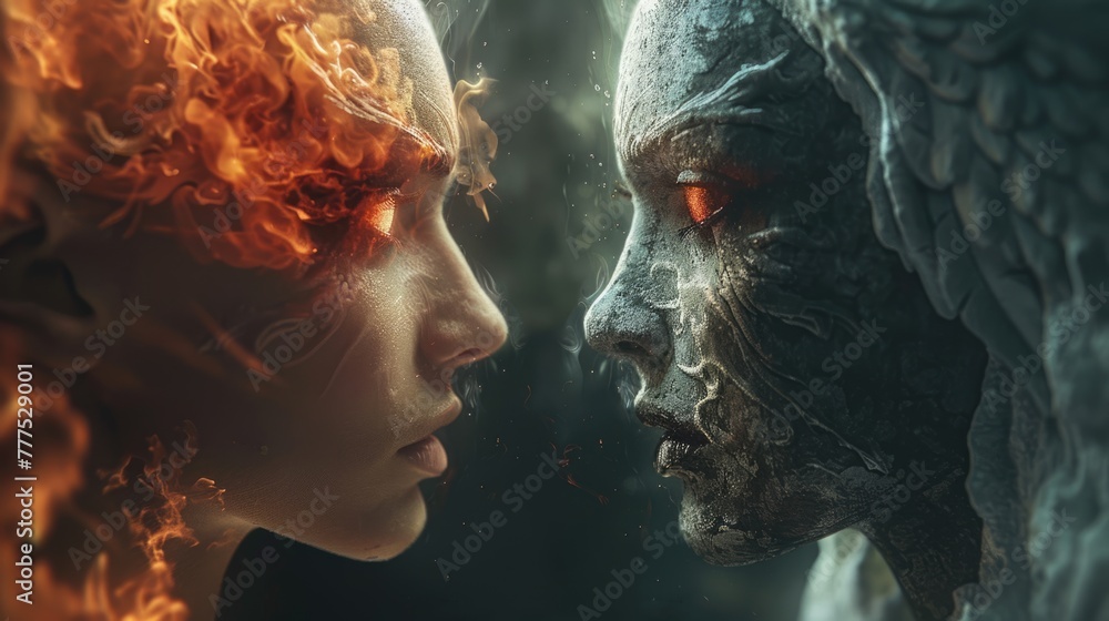 Concept of opposition between good and evil. Devil and angel in one ...