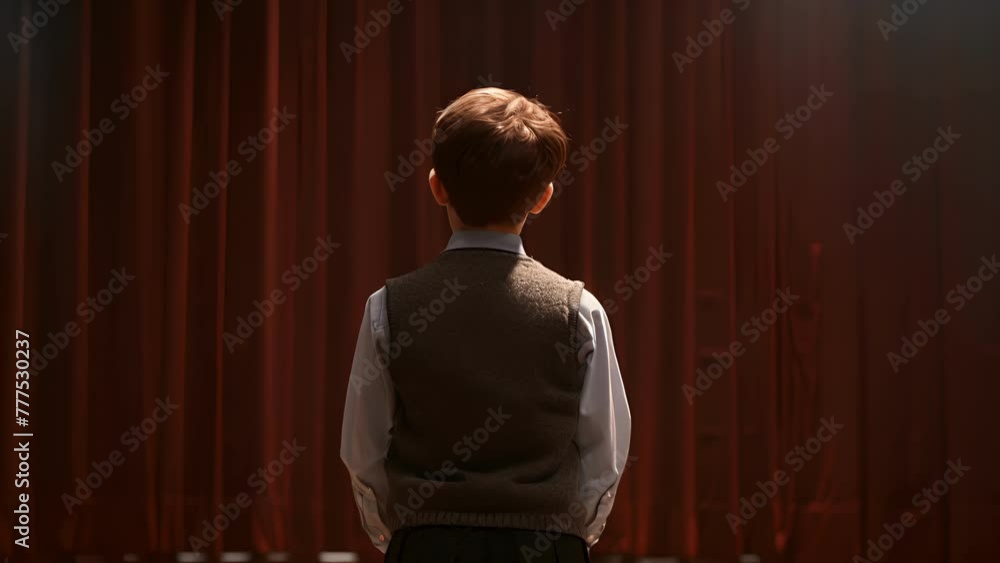 A young boy in a school uniform stands on a stage his back to the ...