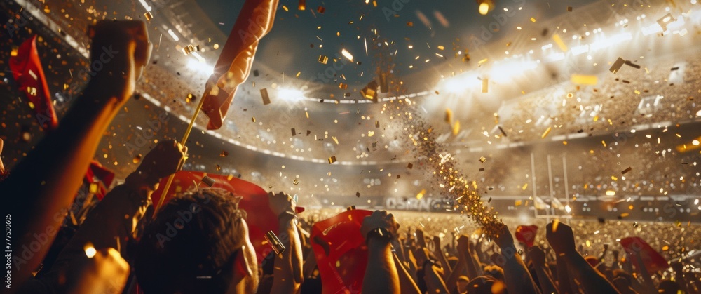 Realistic shot of A football stadium filled with cheering fans waving ...
