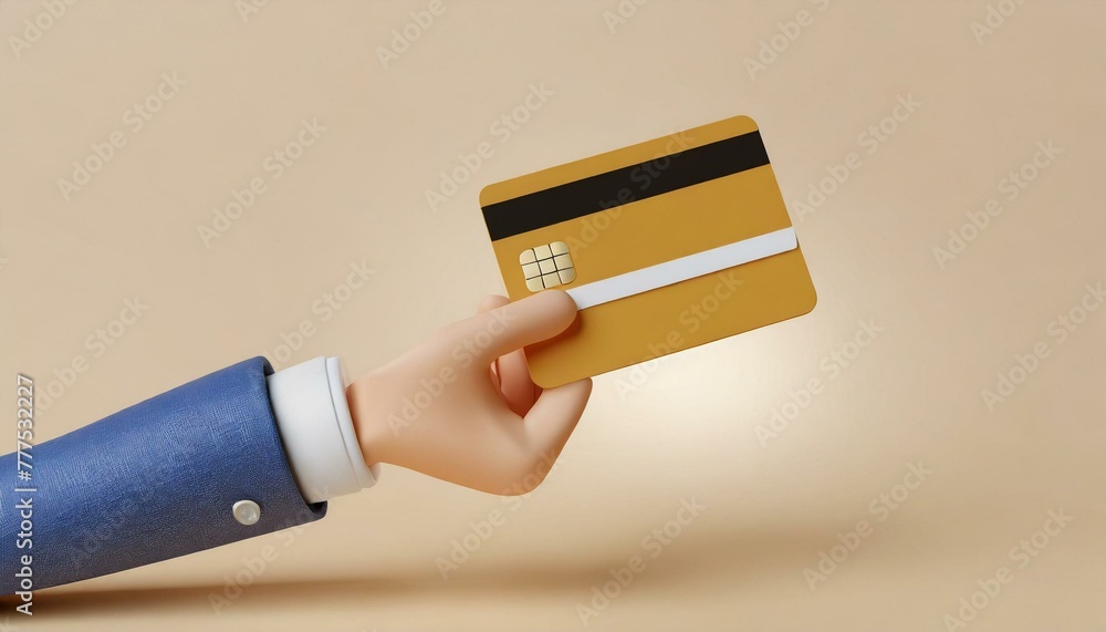 Cartoon hand holding bank credit card isolated and beige background. 3d ...