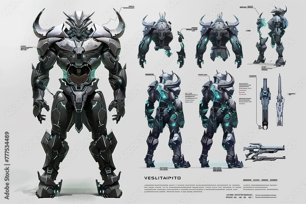 Character sheet concept image showcasing a futuristic warrior with ...
