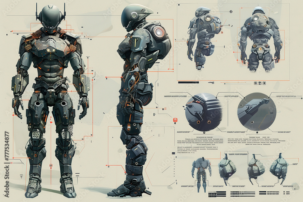 Character sheet concept image showcasing a futuristic warrior with ...
