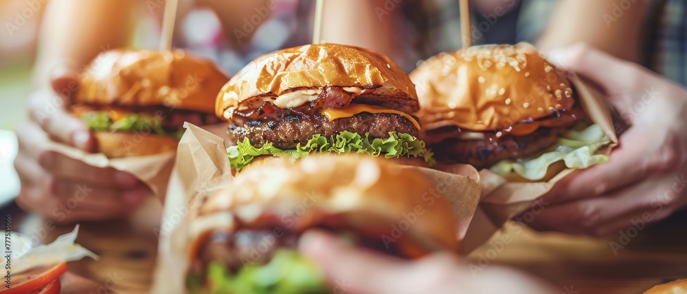 Several friends enjoy fast food burgers while chatting in a cafe. A ...