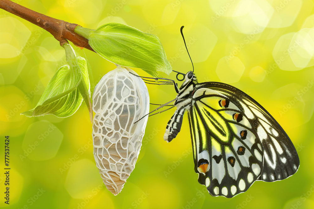An empty cocoon hangs from a branch as a butterfly emerges ...