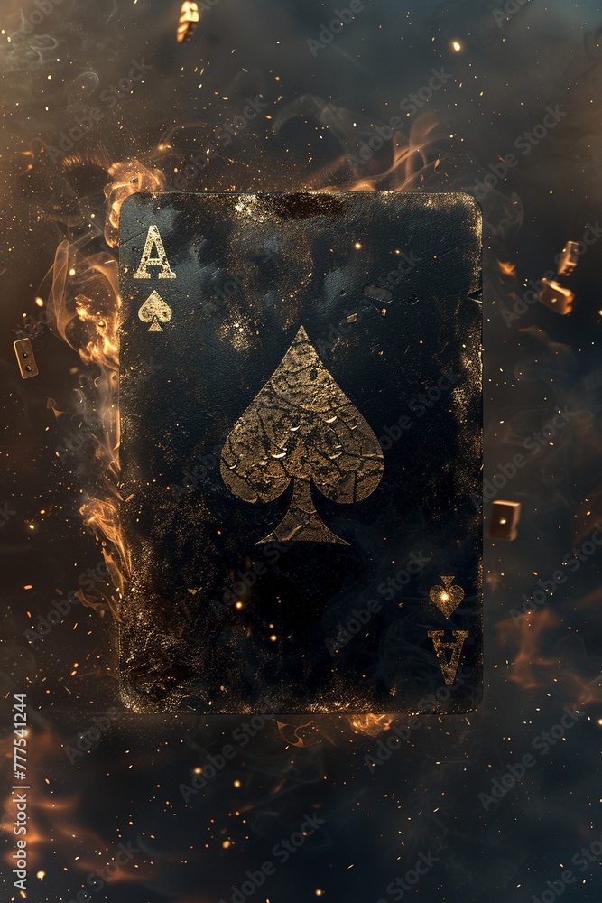 A single black playing ace card with a hint of wear, its gold lettering ...