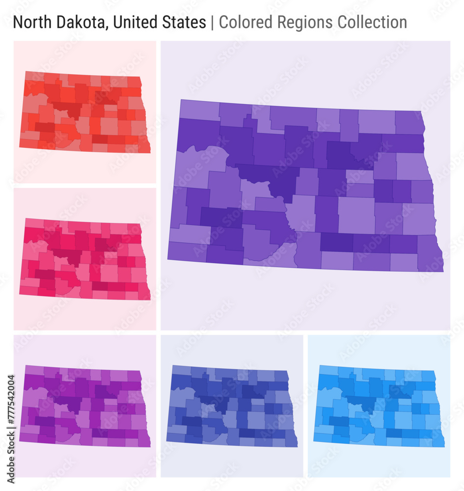 North Dakota, United States. Map collection. State shape. Colored ...