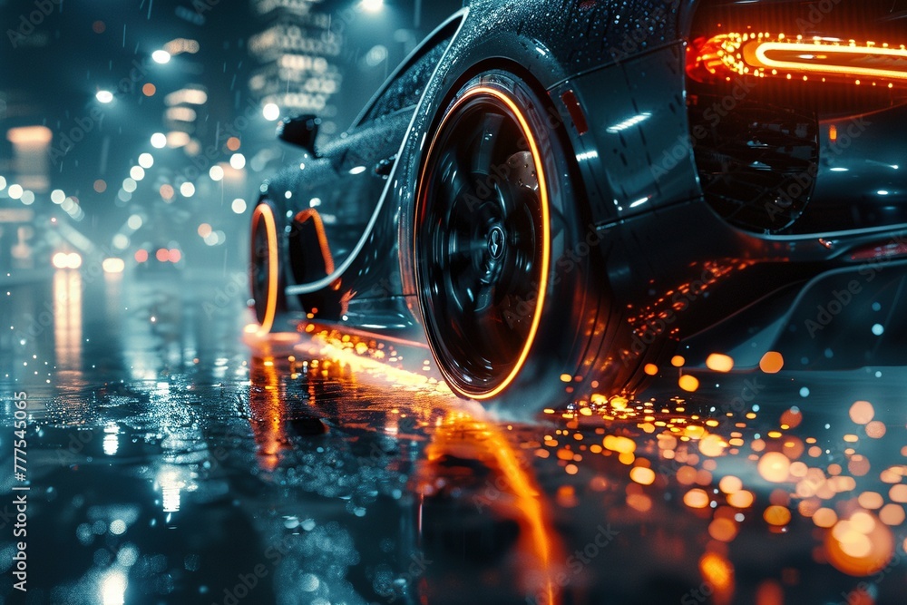 Close-up of a dark, spotted car racing wheel in a high-speed spin ...